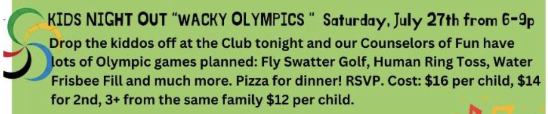 KIDS NIGHT OUT "WACKY OLYMPICS" July 2024 - Riverfront Swim Club
